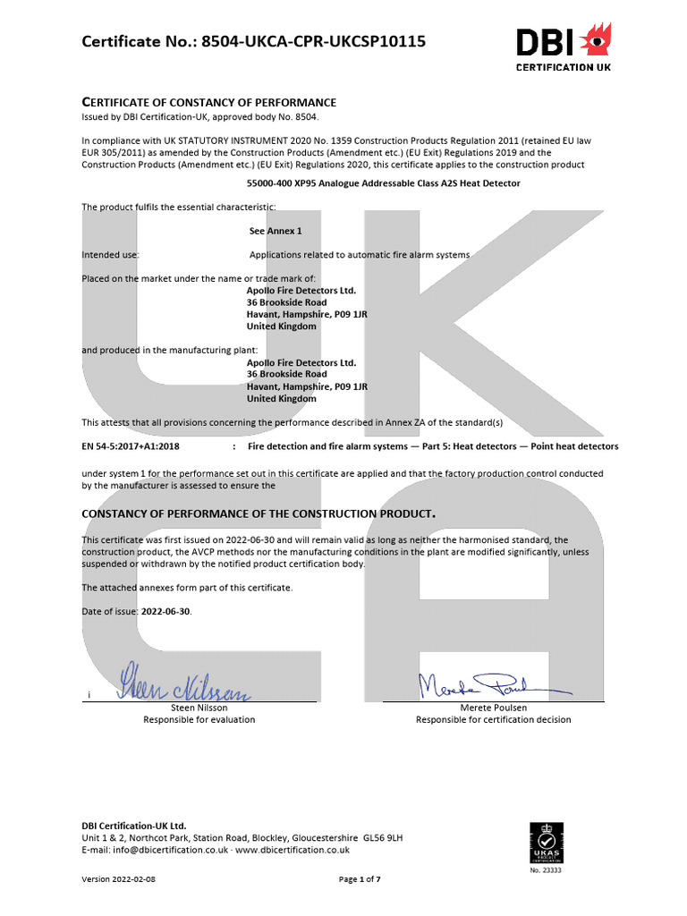 CPR - UKCA Certificate of Constancy of Performance | PDF | Sensor | Electrical Engineering