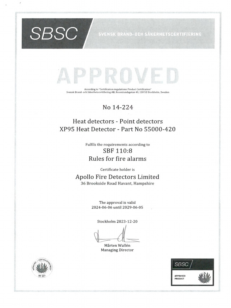 SBSC - Svensk Brand & Sakerhets Certifiering AB Certificate | PDF