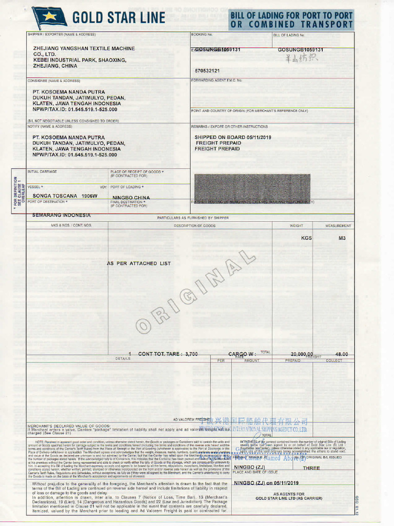 Contoh Dokumen Bill of Loading | PDF