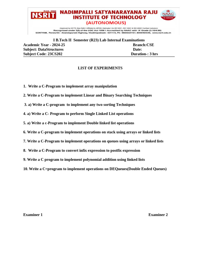 DS Lab Internal Lab QP (CSE 1&2) | PDF