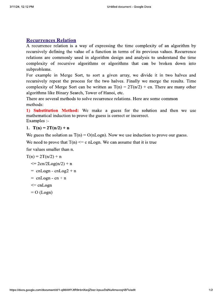 DAA - Module1 - Part3 - Recurrence Relation | PDF