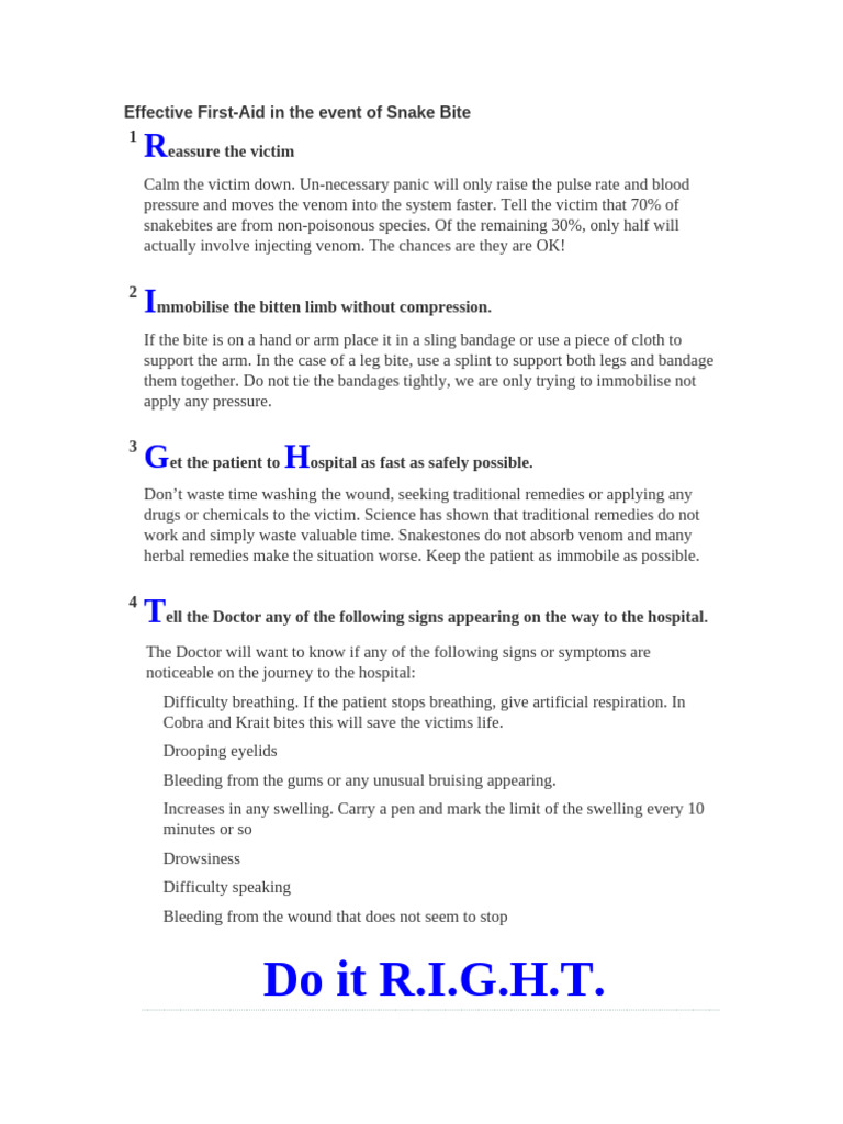 First-Aid Guide for Snake Bites | PDF | Clinical Medicine | Diseases ...