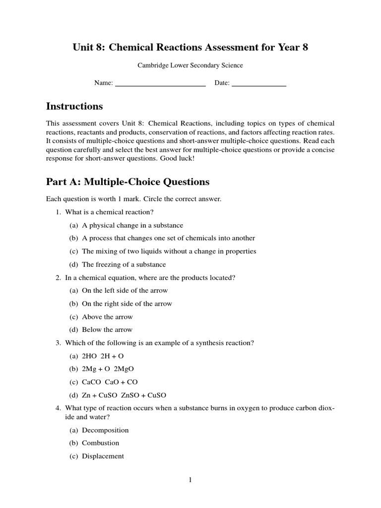 Unit 8: Chemical Reactions Assessment For Year 8: Cambridge Lower ...