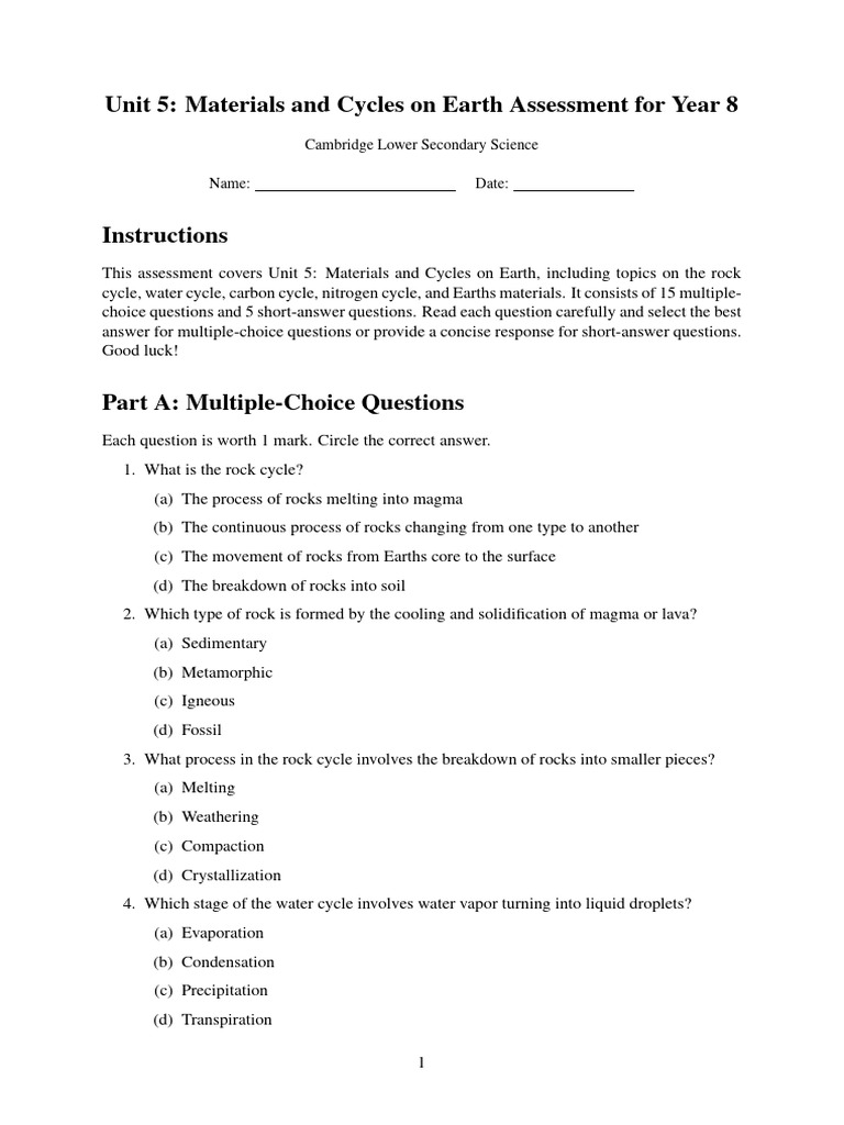 Year 8 Earth Materials & Cycles Assessment | PDF | Rock (Geology ...