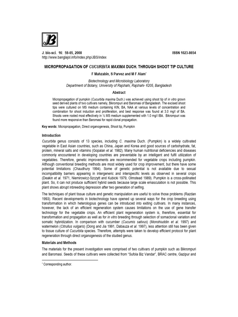 Micropropagation of Pumpkin Cultivars | PDF | Plant Breeding | Pumpkin