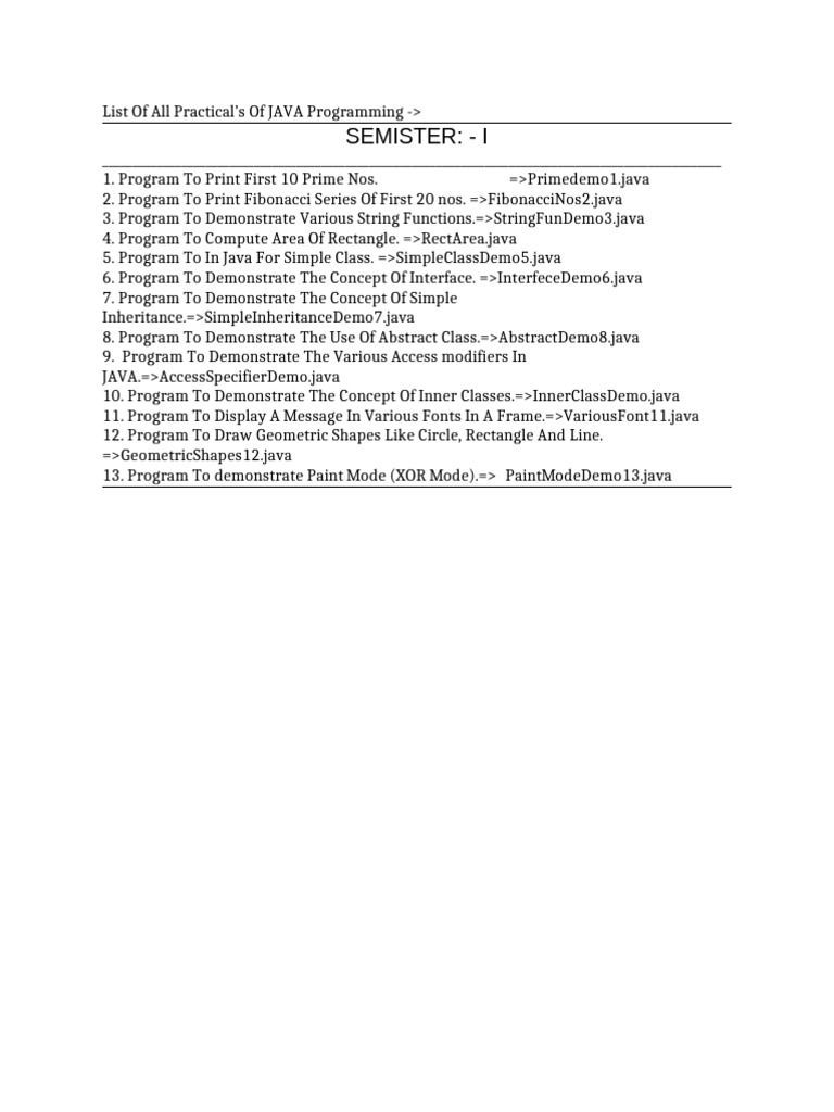 List of JAVA SEM - I | PDF