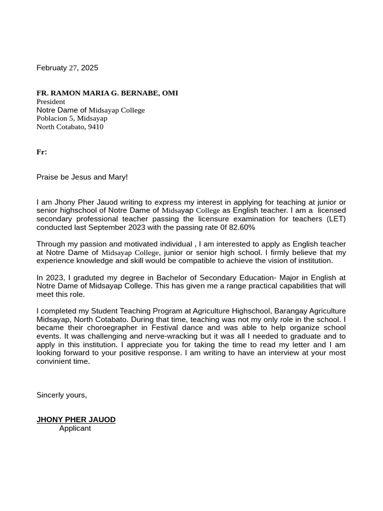 Application Letter Notre Dame of Midsayap College | PDF