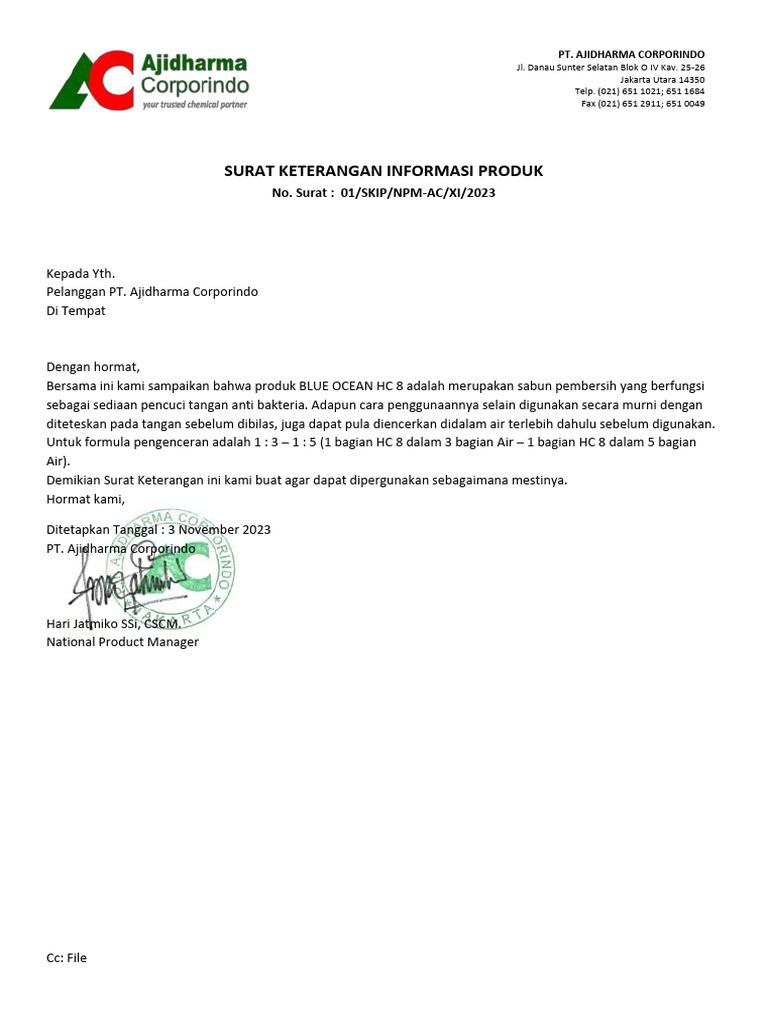 Surat Keterangan Produk BLUE OCEAN HC 8 | PDF
