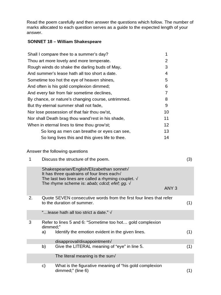 Sonnet 18 - Exam Bank Questions and Suggested Answers | PDF | Literary Criticism | Sonnets