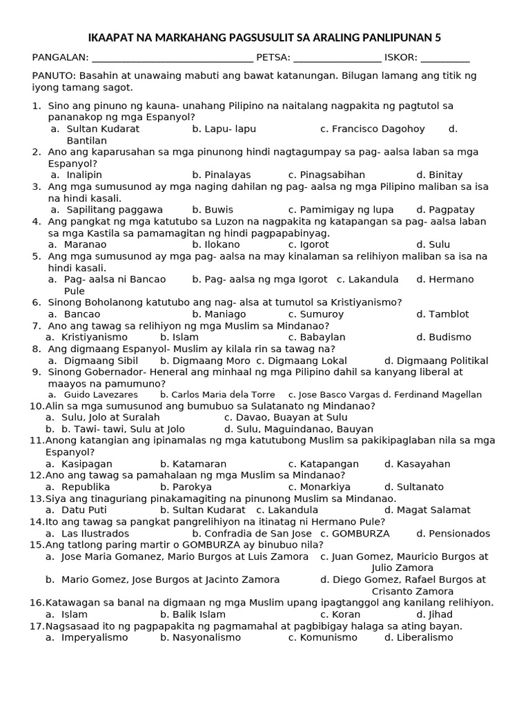 Ikaapat Na Markahang Pagsusulit Sa Araling Panlipunan 5 | PDF