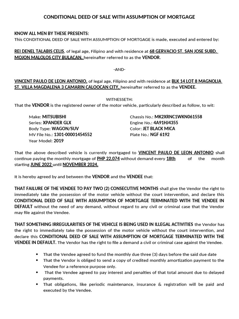 Conditional Deed of Sale With Assumption of Mortgage | PDF | Mortgages ...