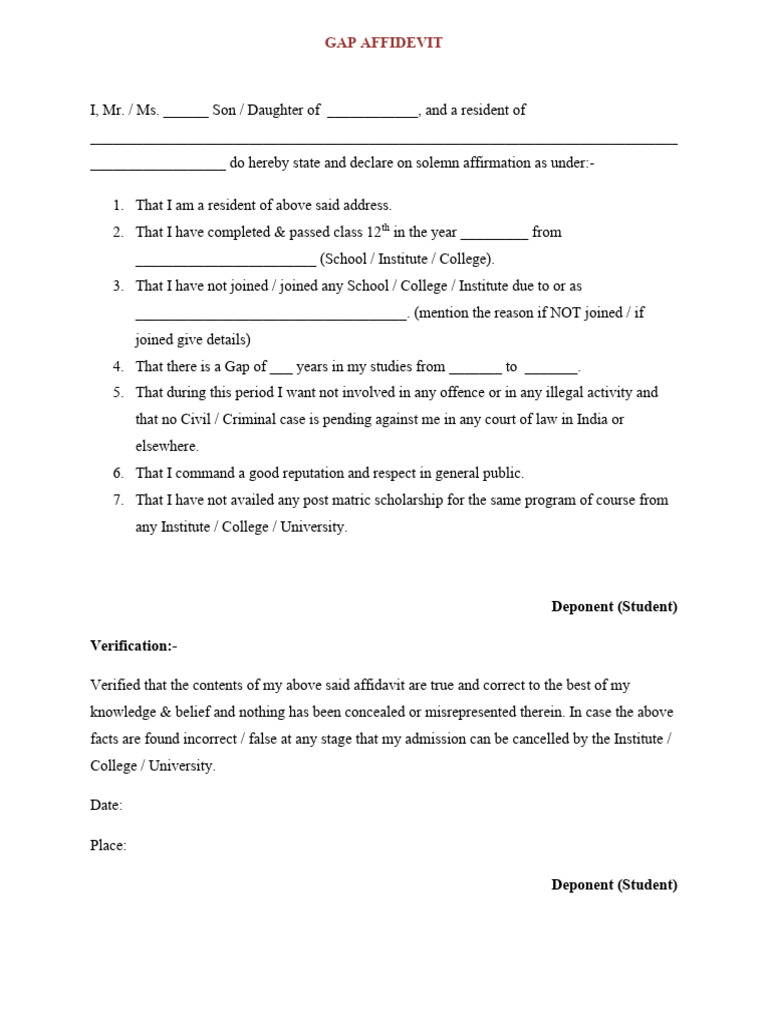GAP AFFIDEVIT PDF For College Admission | PDF