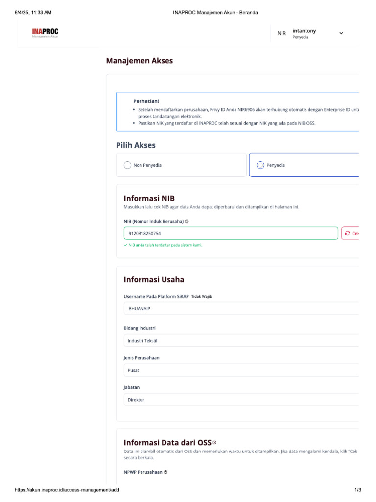 INAPROC Manajemen Akun - Beranda | PDF
