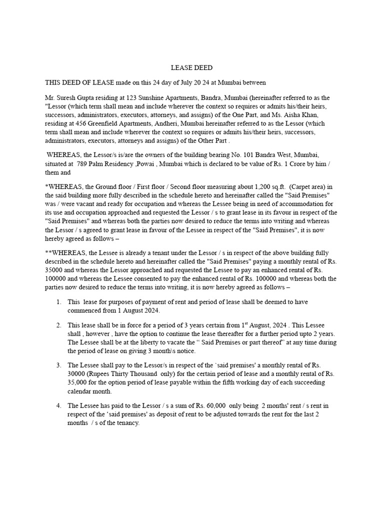 Lease Deed - Internship PDF | PDF | Lease | Private Law