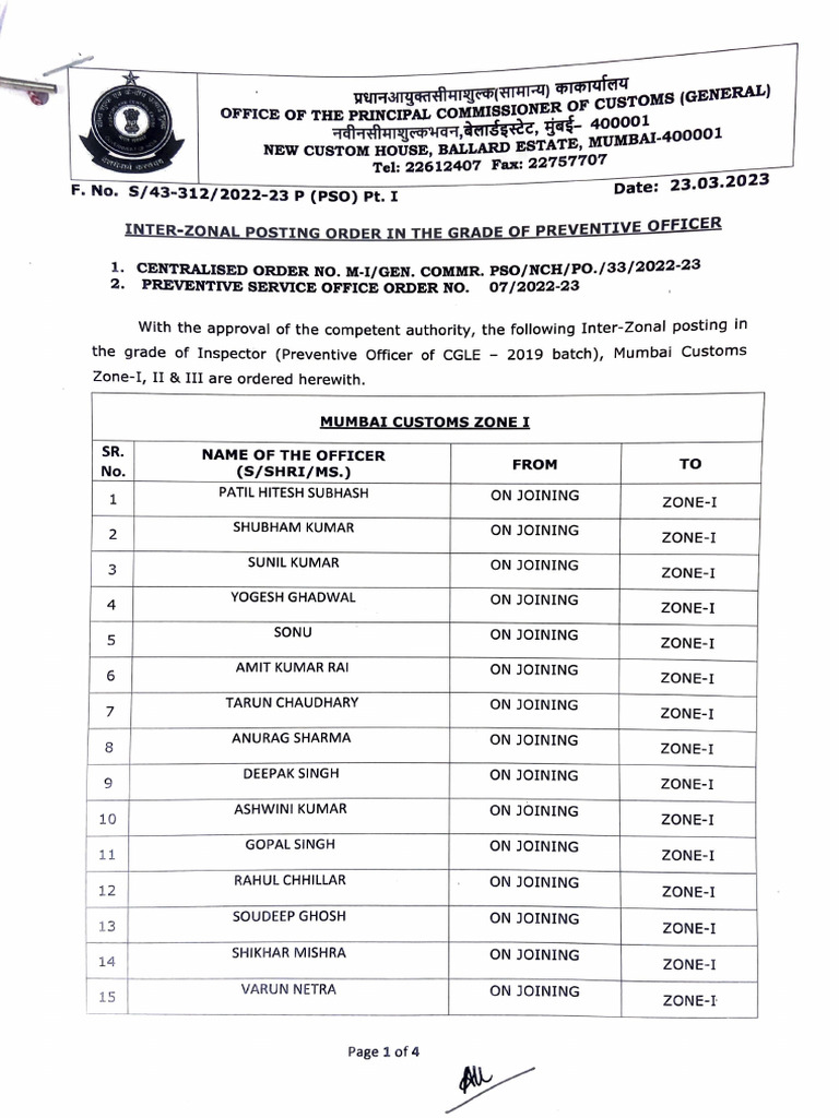 Inter-Zonal Posting Order for Officers | PDF