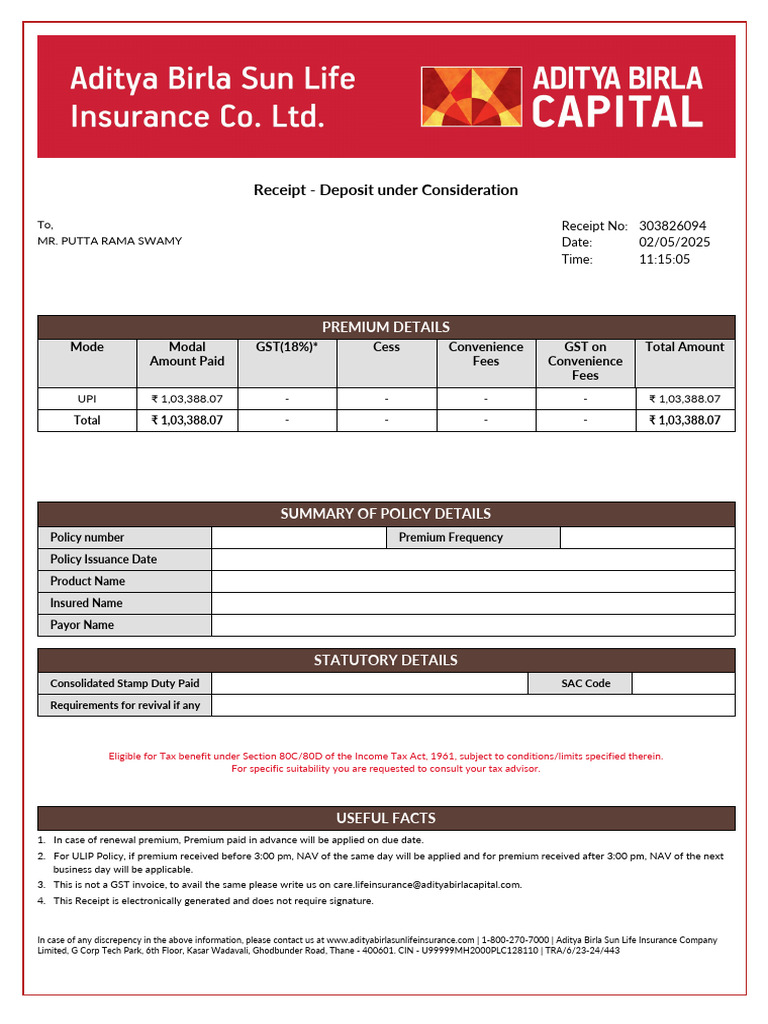 Premium Receipts 009048065 - 01 04 2025 02 05 2025 | PDF | Payments ...