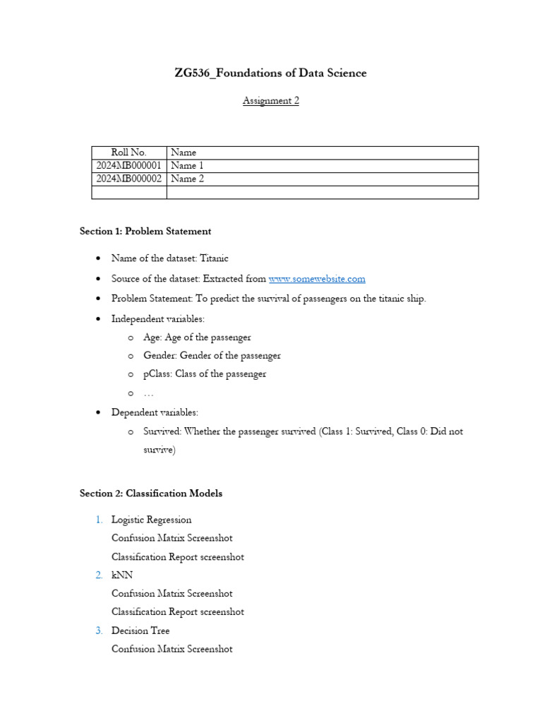 ZG536 - FDS - Assignment 2 - Sample Submission Document | PDF
