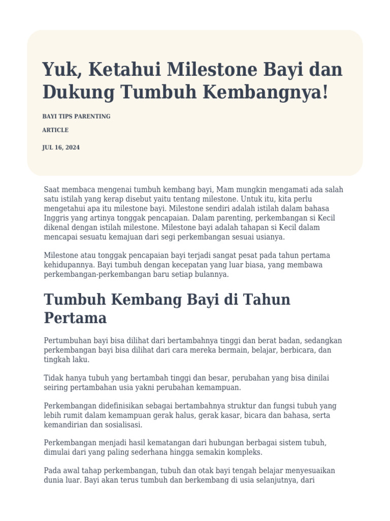 Yuk Ketahui Milestone Bayi Dan Dukung Tumbuh Kembangnya | PDF