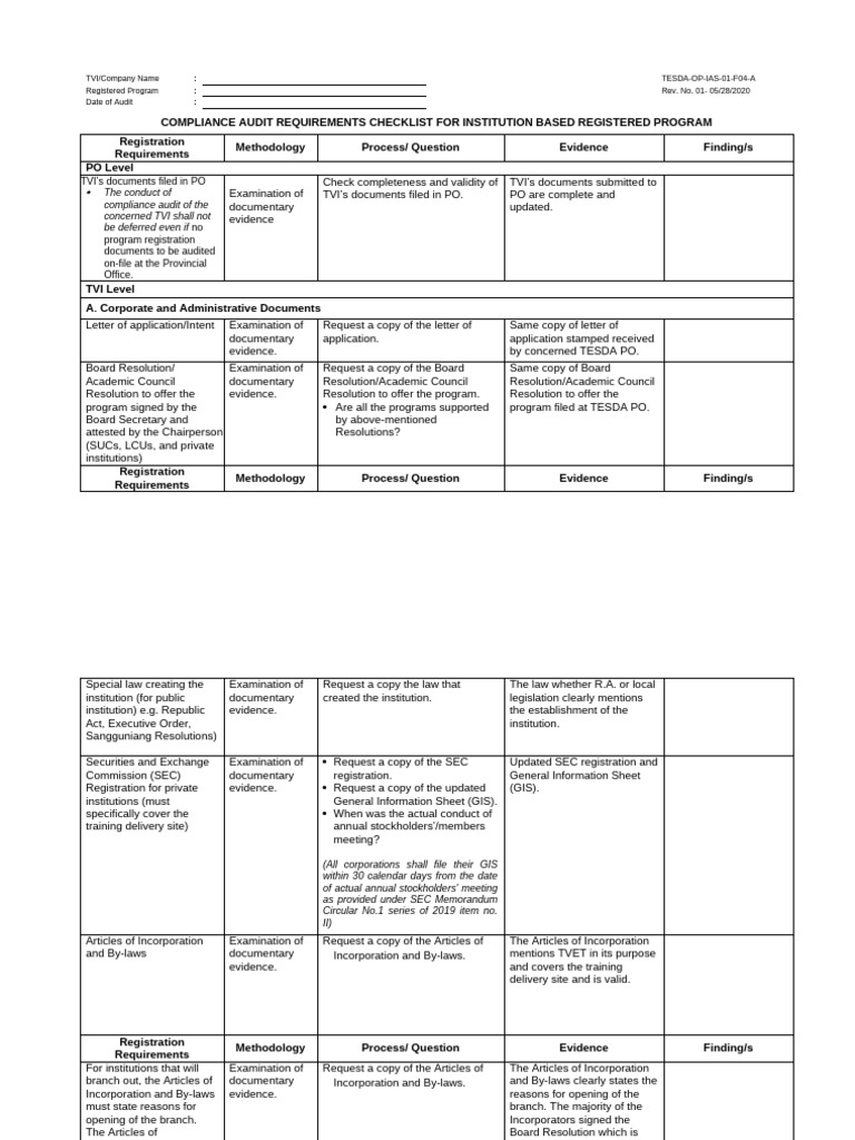 TESDA Compliance Audit Checklist | PDF | Educational Assessment | Learning