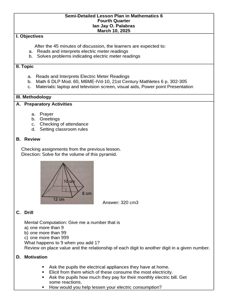 Semi - Detailed Lesson Plan in Mathematics 6 Quarter 4 Reading and ...