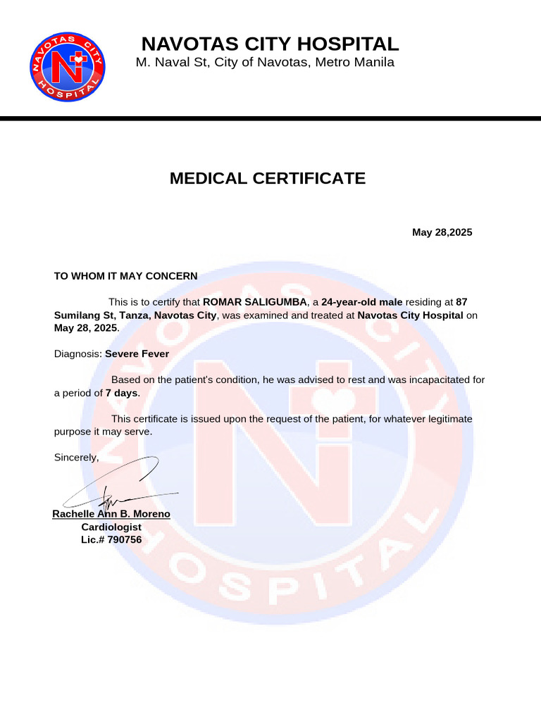 Here's A Sample Medical Certificate Based On The Details You Provided ...