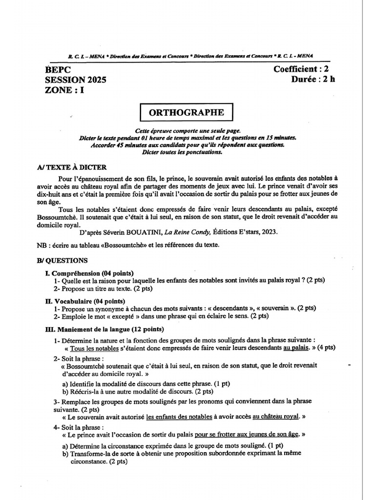 Corrigé-Barème Épreuve D'orthographe Zone1 Bepc | PDF