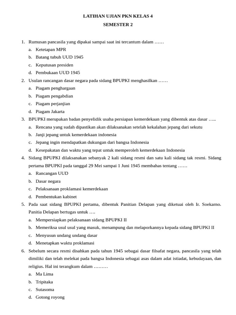Latihan Ujian PKN Kelas 4 Semester 2 Kurikulum Merdeka | PDF