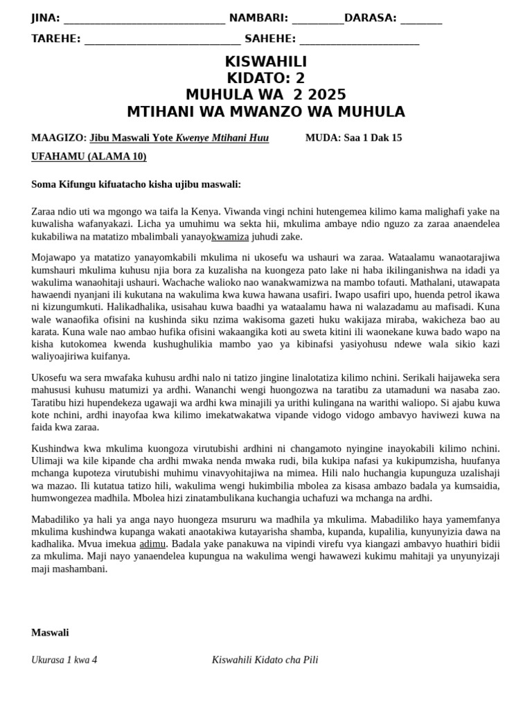 2025 Kiswahili F2 QS T2 Exam 1 Teacher - Co - .Ke | PDF