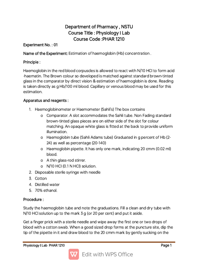 Physiology I Lab PHAR 1210 | PDF | Saline (Medicine) | Coagulation