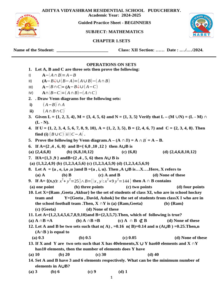 Xi 1-Operations On Sets - Both | PDF | Mathematical Logic | Mathematics