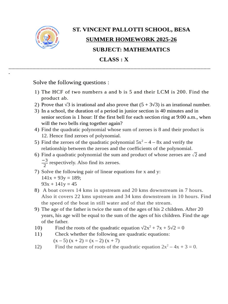 Summer HW 2025-26-Class X - Math | PDF | Polynomial | Zero Of A Function