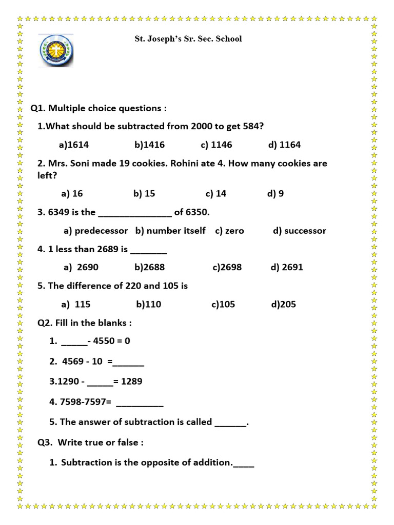 Subtraction Practice Worksheet for Class III | PDF