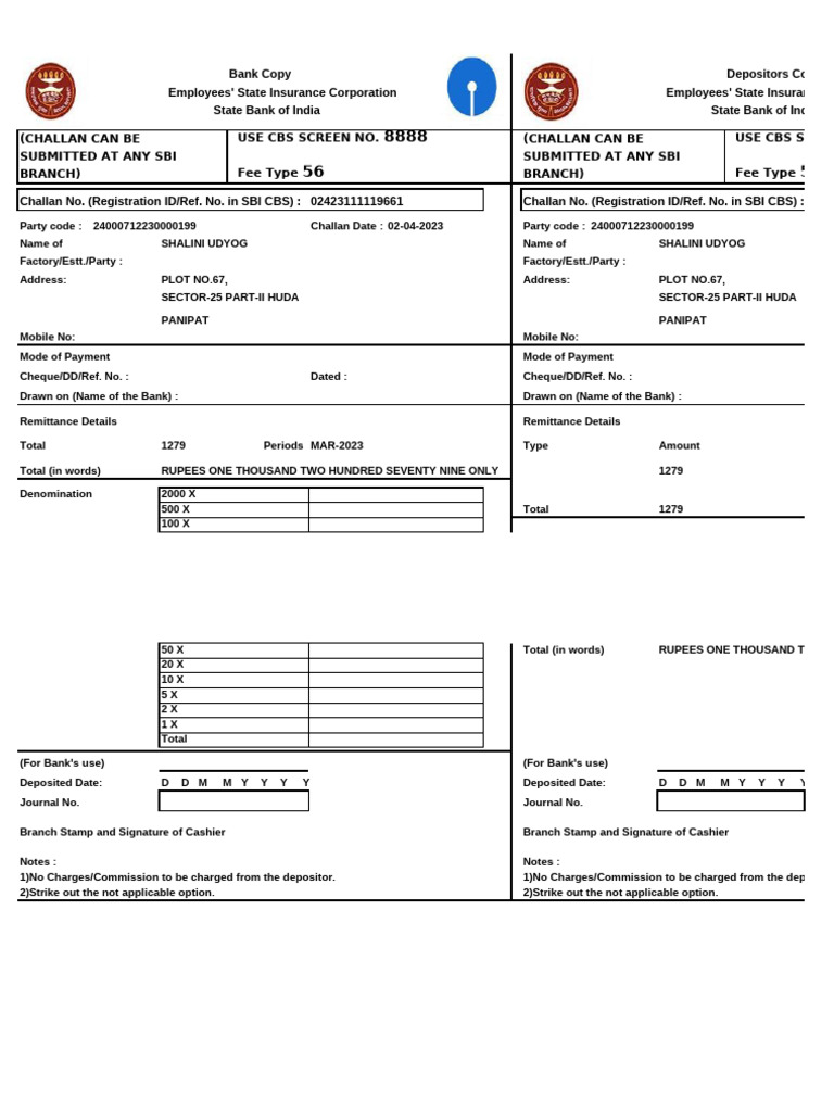 ESIC SBI Challan Payment Receipt | PDF | Banks | Cheque