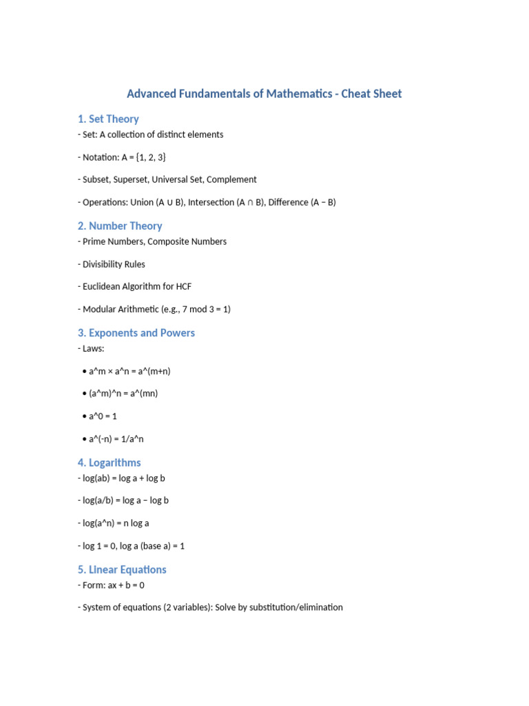 Advanced Fundamentals of Mathematics Cheat Sheet | PDF