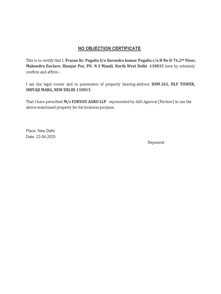 No Objection Certificate for Property Use | PDF