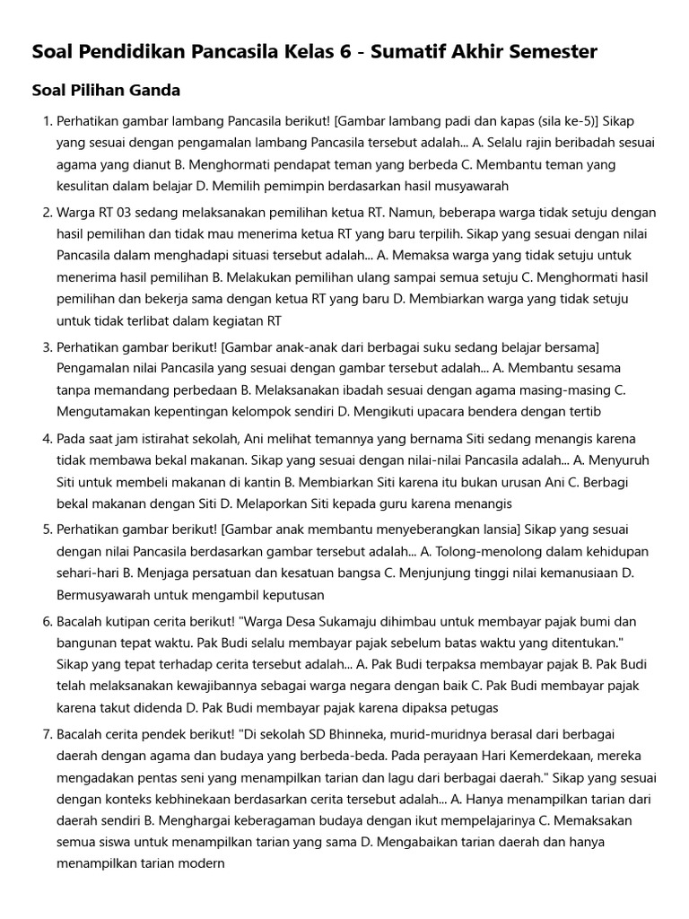 Soal Pendidikan Pancasila Kelas 6 - Sumatif Akhir Semester | PDF