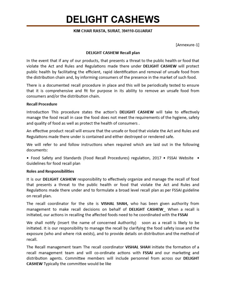 FSSAI Food Recall Plan Template Word File (6) .Docx Google Docs | PDF