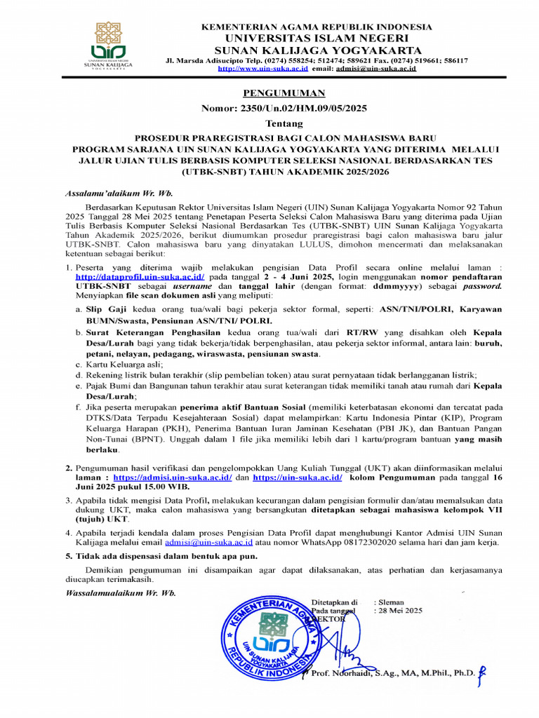 Pengumuman Praregistrasi UTBK SNBT 2025 | PDF
