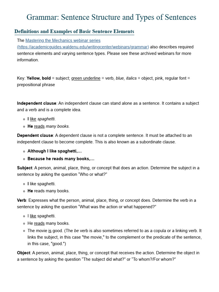 Sentence Structure and Types of Sentences - Grammar - Academic Guides at Walden University | PDF ...