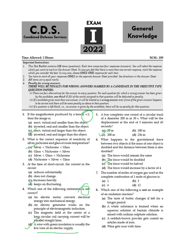 CDS 2022 Exam-I General Knowledge | PDF | Optics