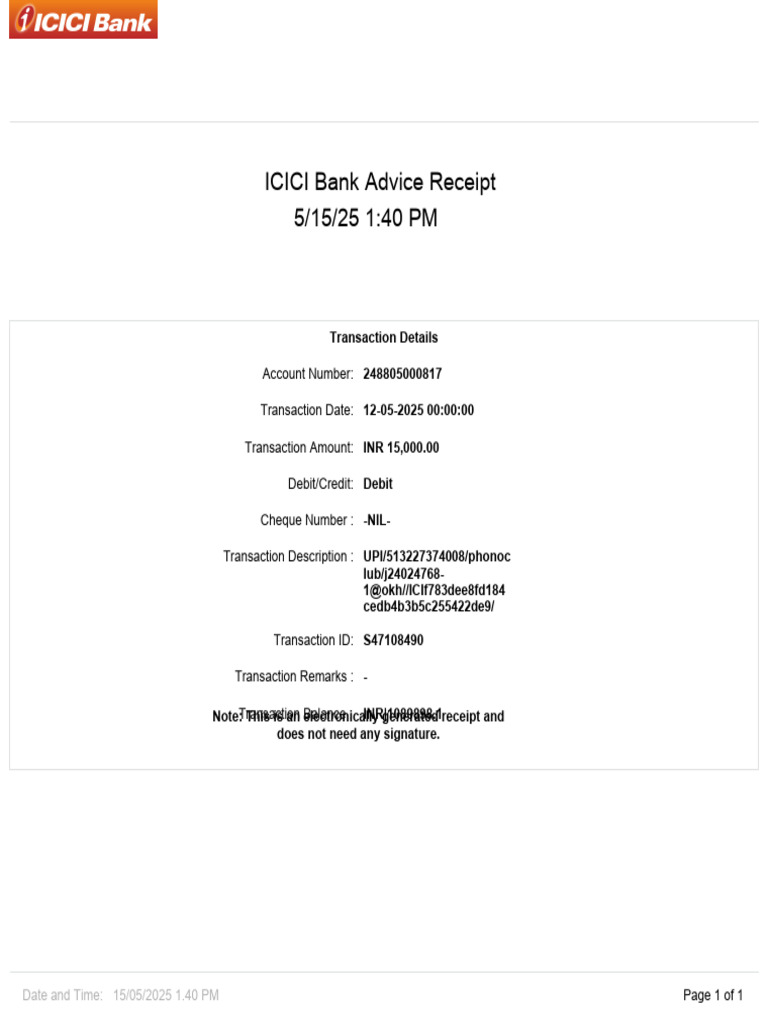 ICICI Bank Advice Receipt 5/15/25 1:40 PM | PDF