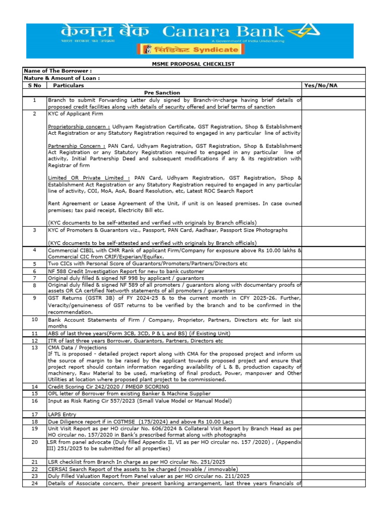 MSME Loan Proposal Compliance Checklist | PDF | Banks | Credit