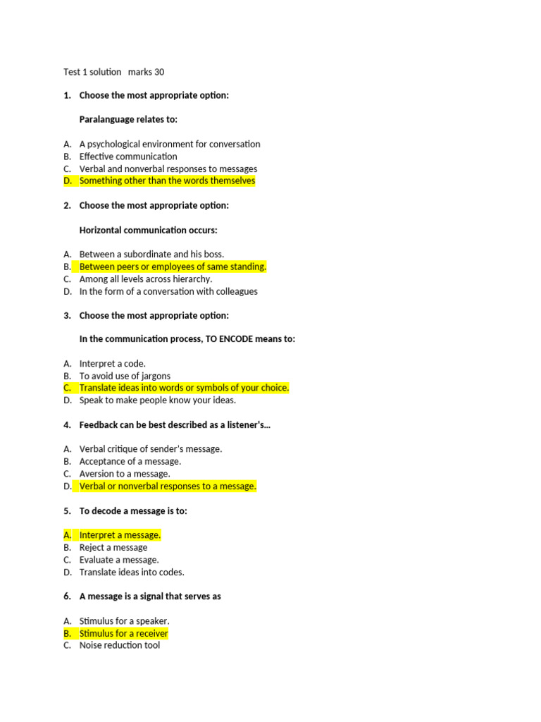 Communication Process Test Questions | PDF | Communication | Nonverbal ...