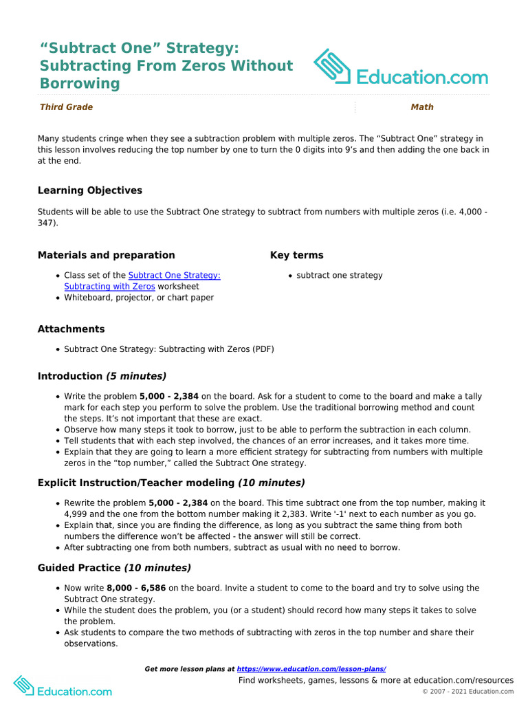 "Subtract One" Strategy: Subtracting From Zeros Without Borrowing | PDF ...
