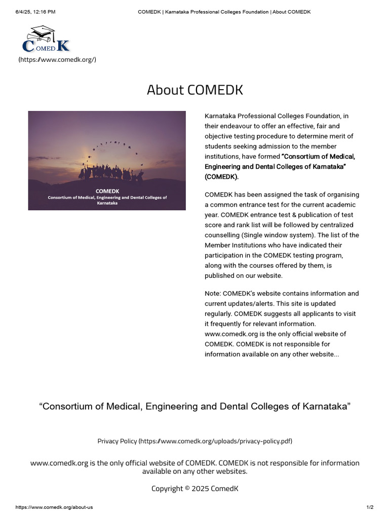 COMEDK - Karnataka Professional Colleges Foundation - About COMEDK | PDF