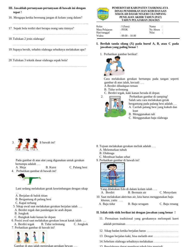 Soal Pat Pjok Kelas 1 | PDF