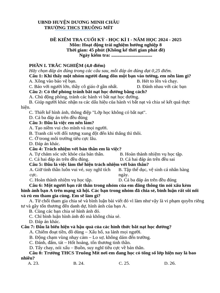 KTCK 1-HDTN 8 - Đề 1 | PDF