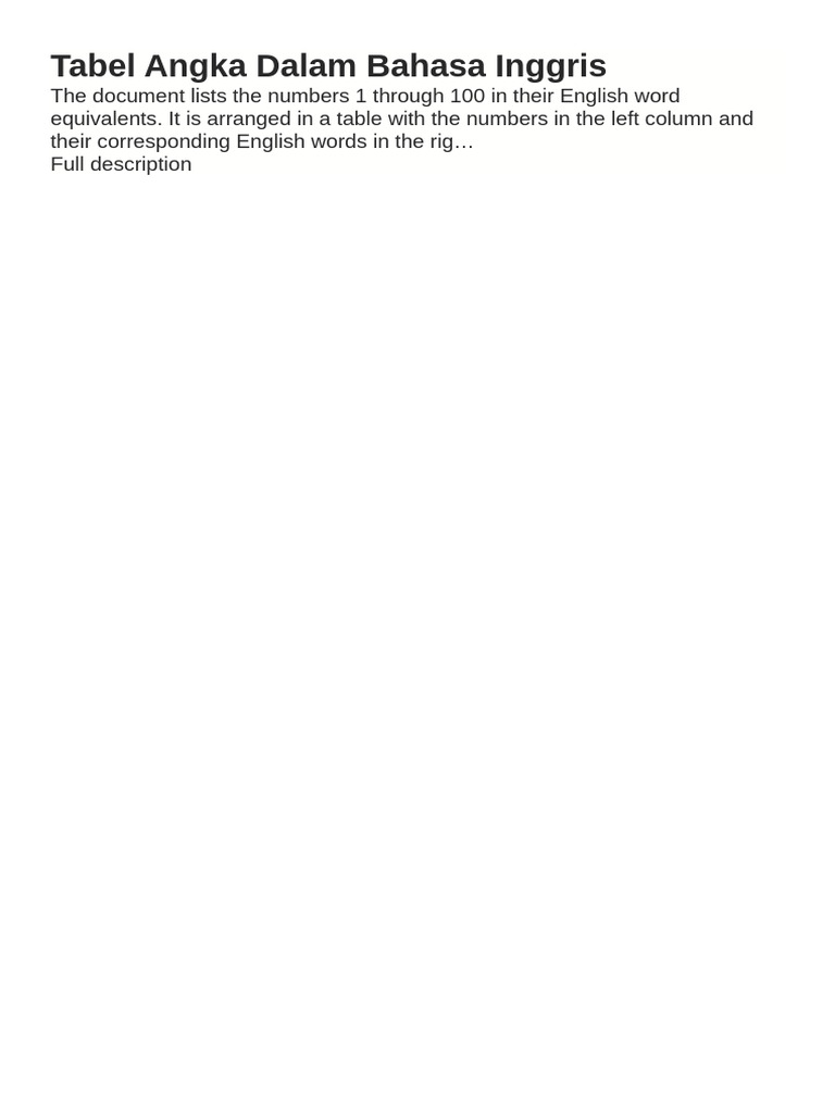 Tabel Angka 1-100 dalam Bahasa Inggris | PDF