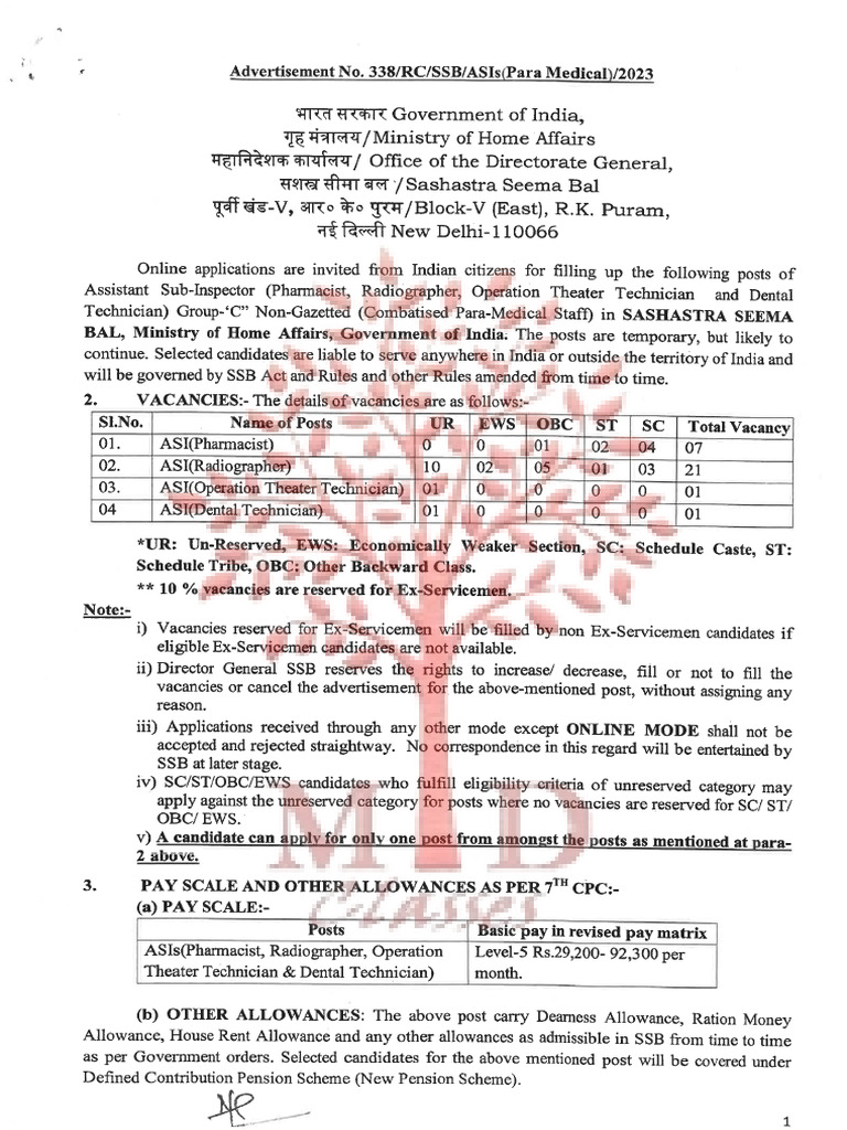 SSB ASI Paramedical | PDF