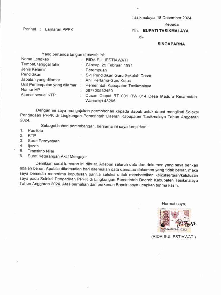 Surat Lamaran Rida | PDF